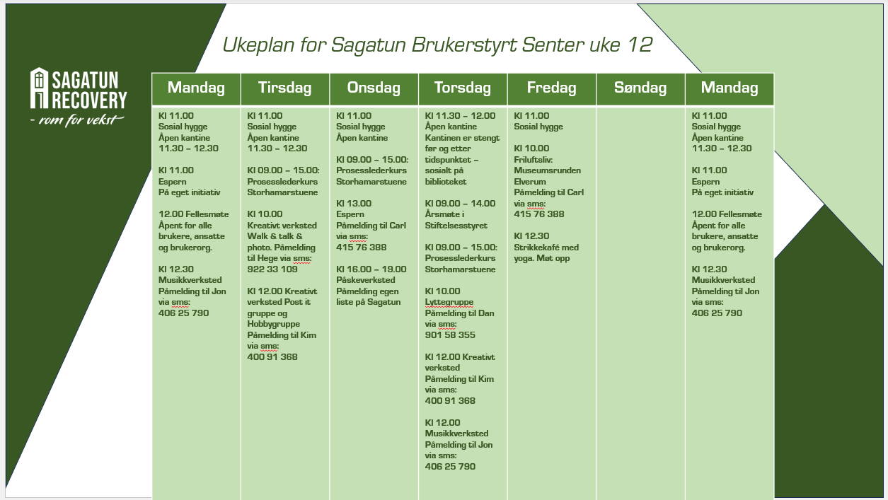 Ukeplan - Sagatun Recovery